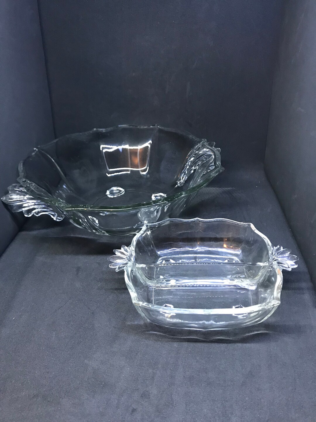 Fostoria Baroque Pattern Handled Four-toed Bowl and Two-part Handled ...