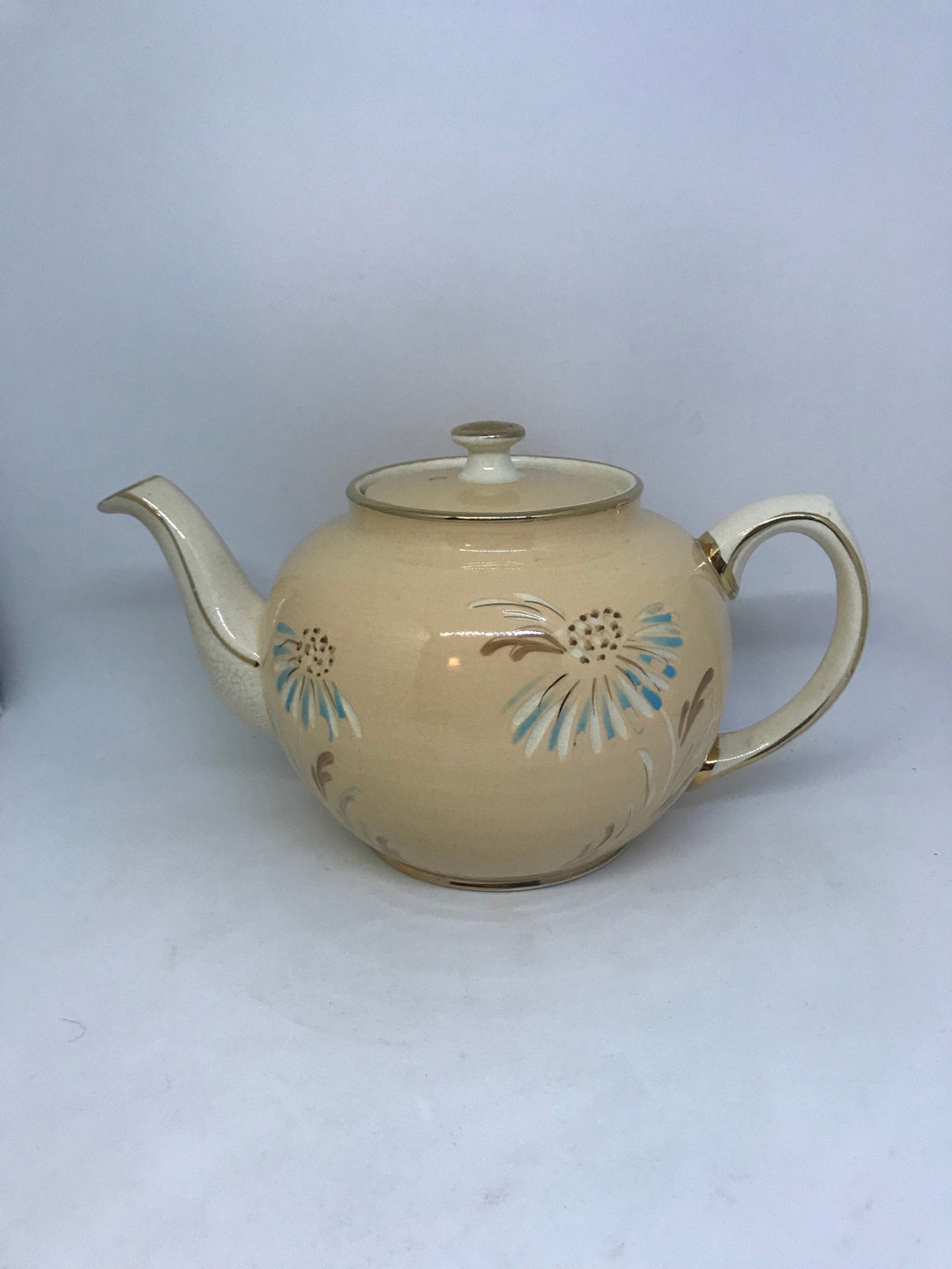 Ceramic Teapot, Tan With Blue and White Flowers - Etsy