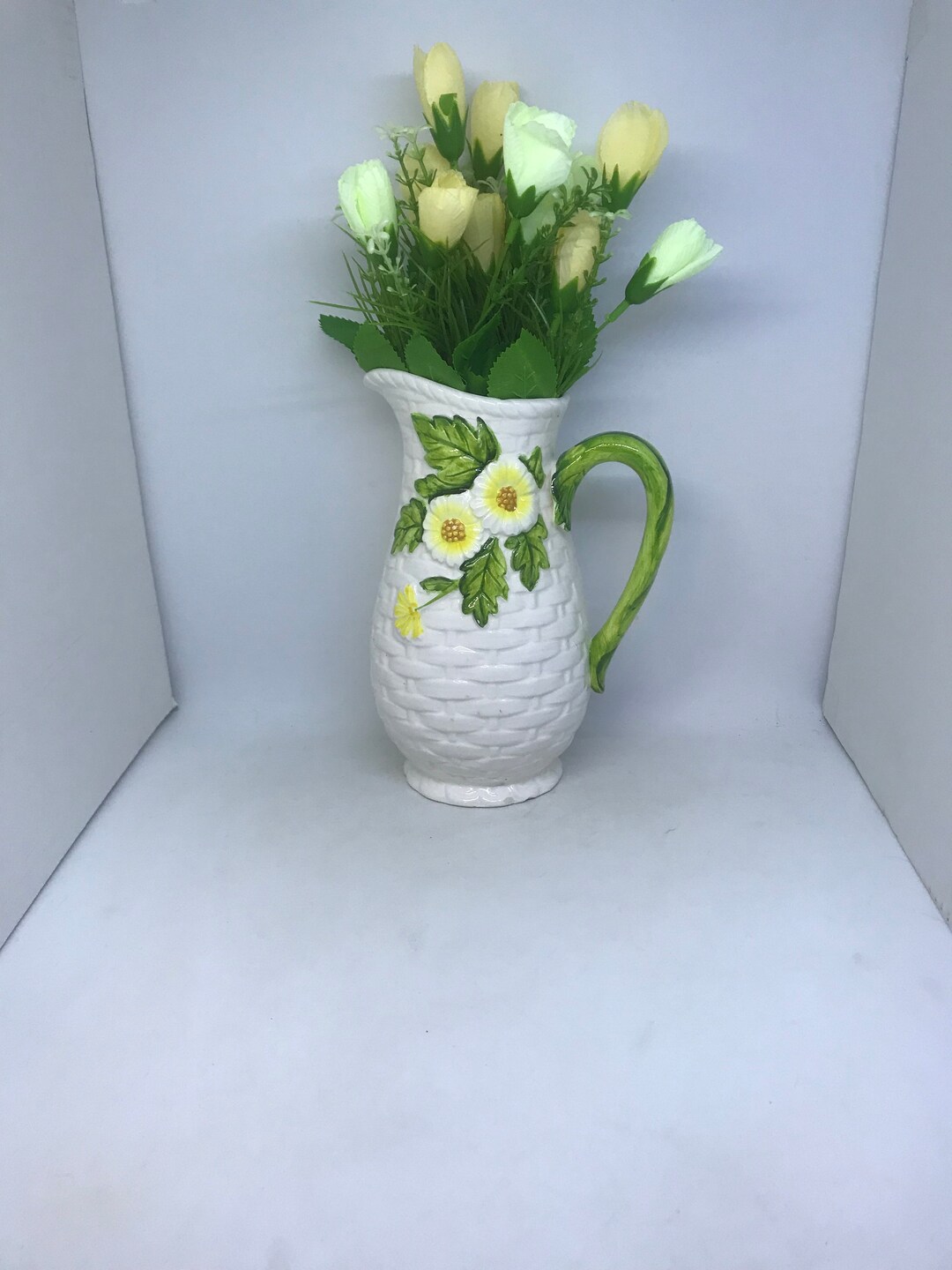 Lefton Basketweave Pitcher With Daisies, Signed Geo. Z Fenton 4125 - Etsy