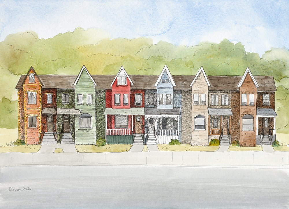All in A Row Print - Row Houses - Giclee Print - Watercolour Print ...