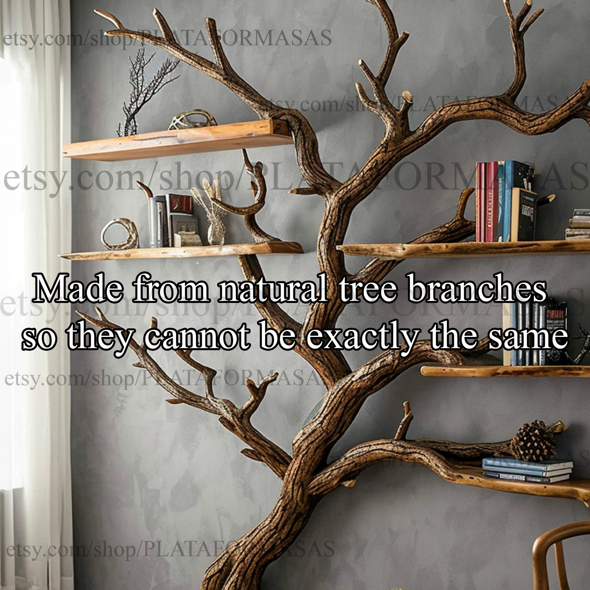 Tree Books Shelf Decor Solid Wood Carving Floating Bookshelf Wall Mount ...