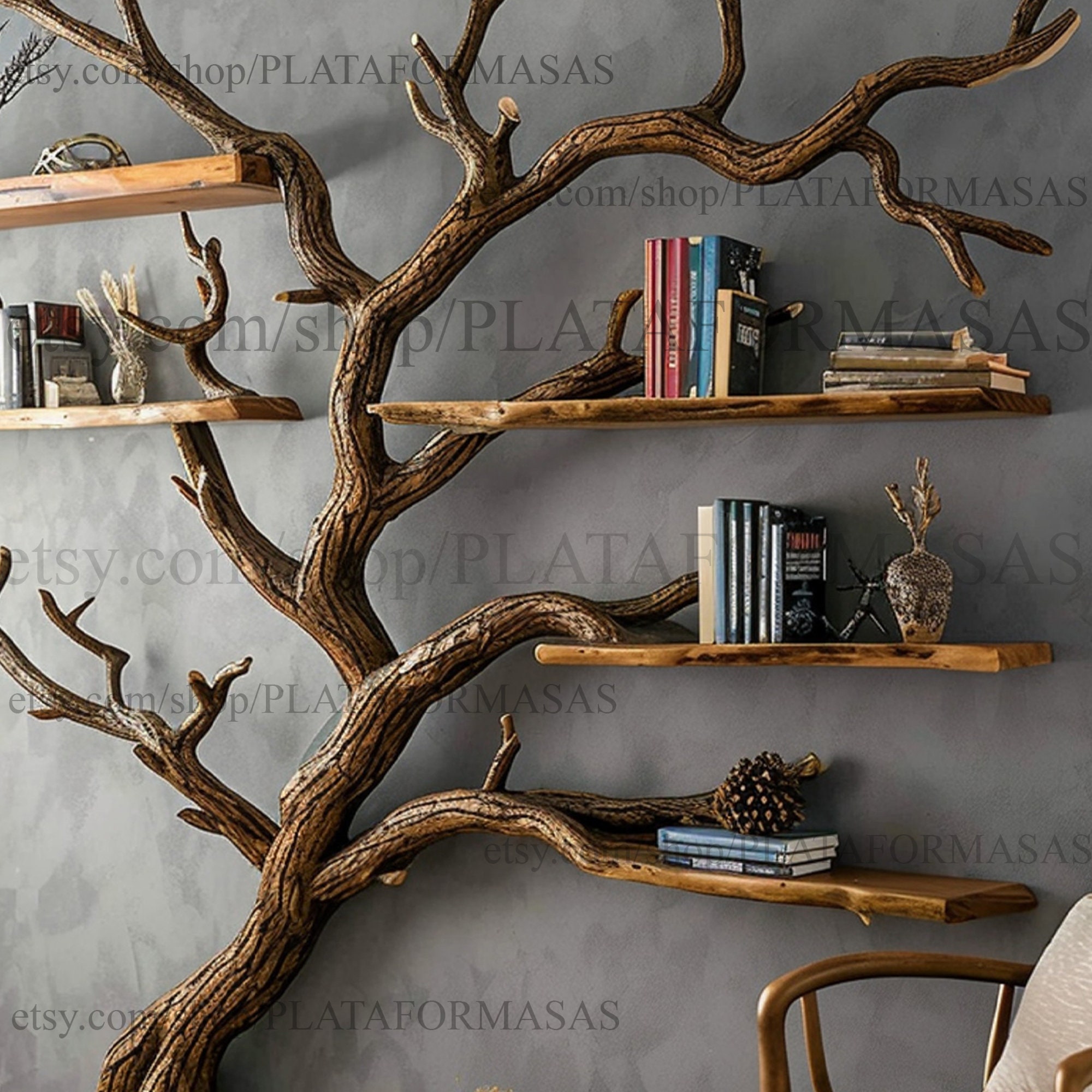 Tree Books Shelf Decor Solid Wood Carving Floating Bookshelf Wall Mount ...
