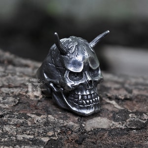 Hand Sculpted Japanese Shinigami Oni Demon Skull Ring : Oxidized Lead ...