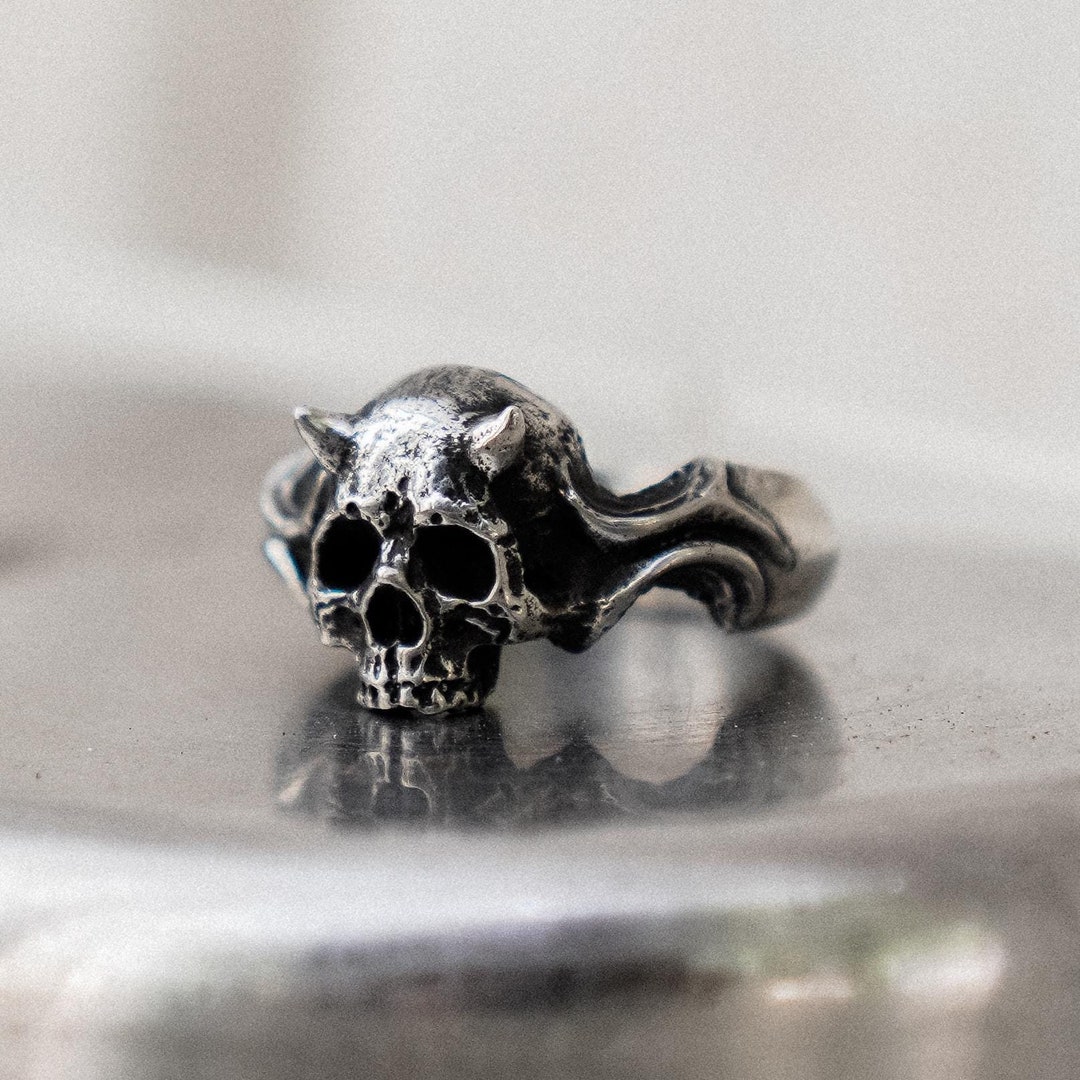 Hand Sculpted Satanic Wicked Skeleton Wings Gothic Small Skull Ring ...