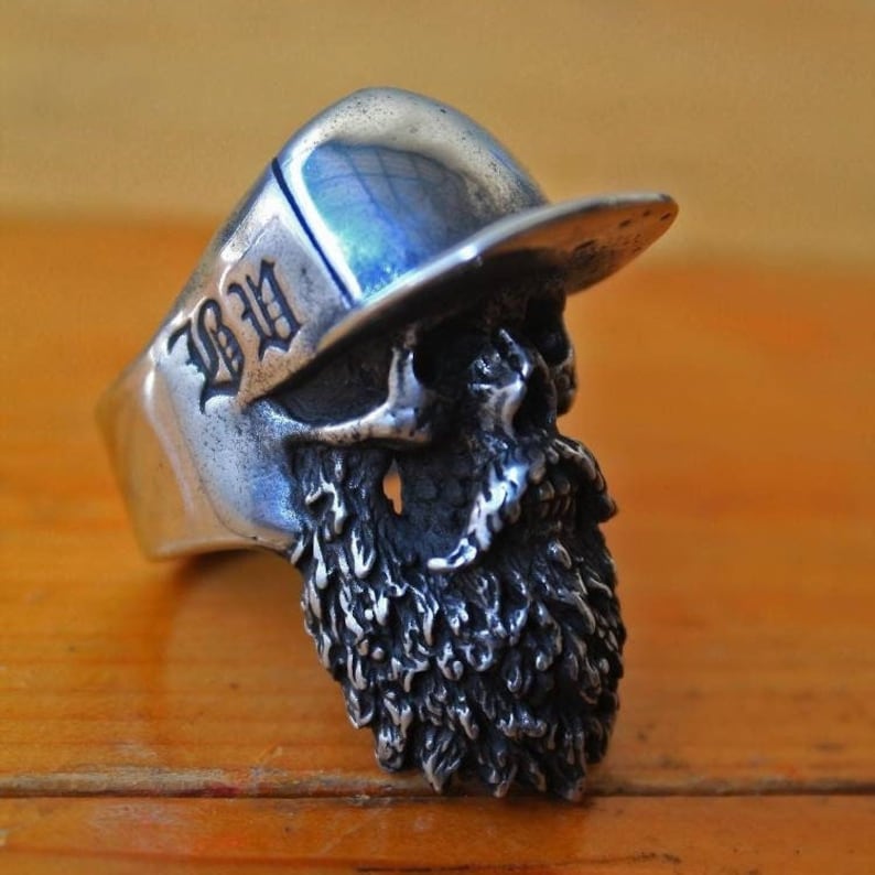 Hand Sculpted Bearded Hat Skull Ring : Oxidized Lead Free Pewter Beard ...