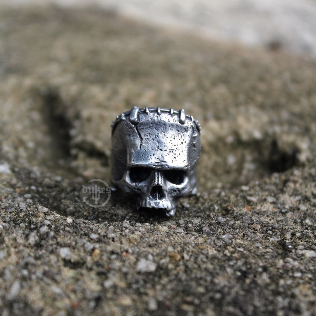 Hand Sculpted Frankenstein Creature Jawless Skull Ring : Oxidized Lead ...