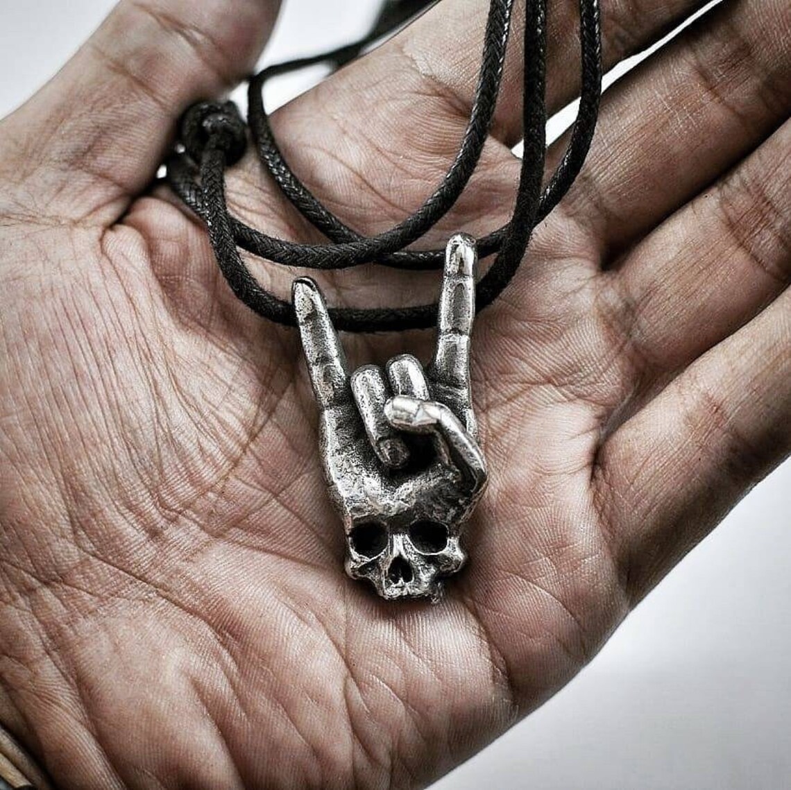 ROCKIN' HEAD PENDANT Rock Hand Skull Necklace Metal | Etsy