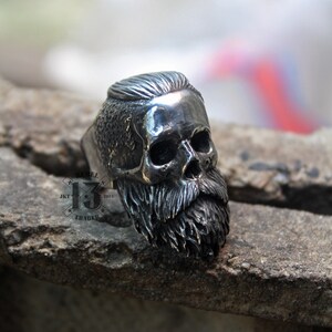 Hand Sculpted Slick Back Bearded Skull Ring : Oxidized Lead Free Pewter ...