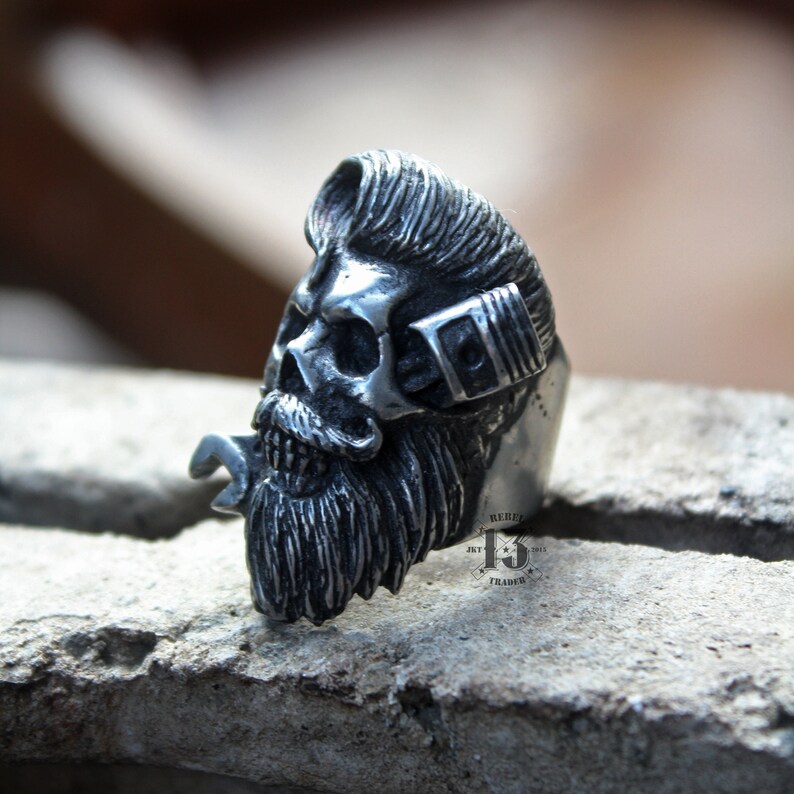 Hand Sculpted Bearded Biker Skull Pewter Ring : Oxidized Lead Free ...