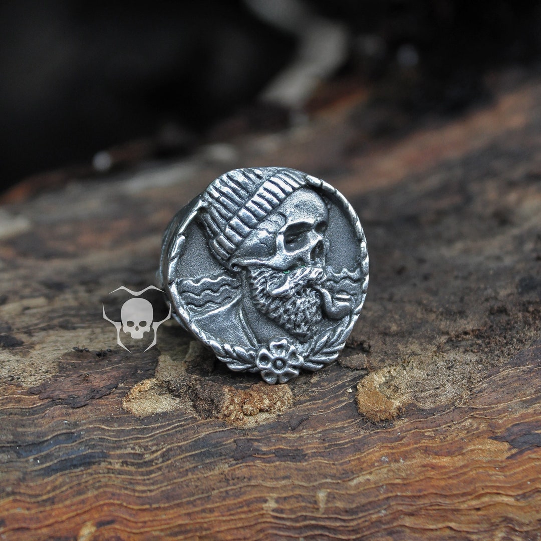 Beaded Sailor Smoking Pipe Skull Signet Ring, Bearded Skull Ring, Beard ...