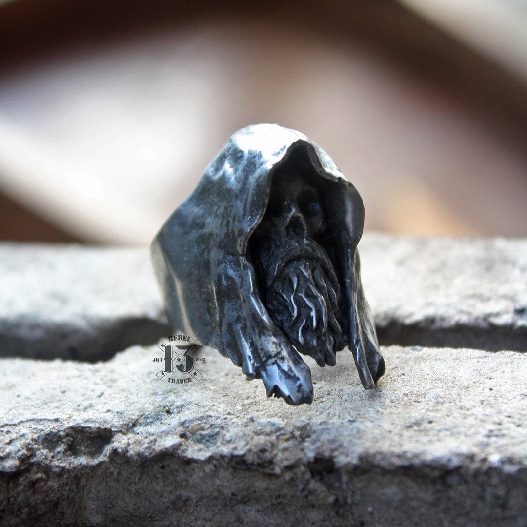 Hand Sculpted Hooded Gothic Illuminati Skull Pewter Ring : Oxidized ...