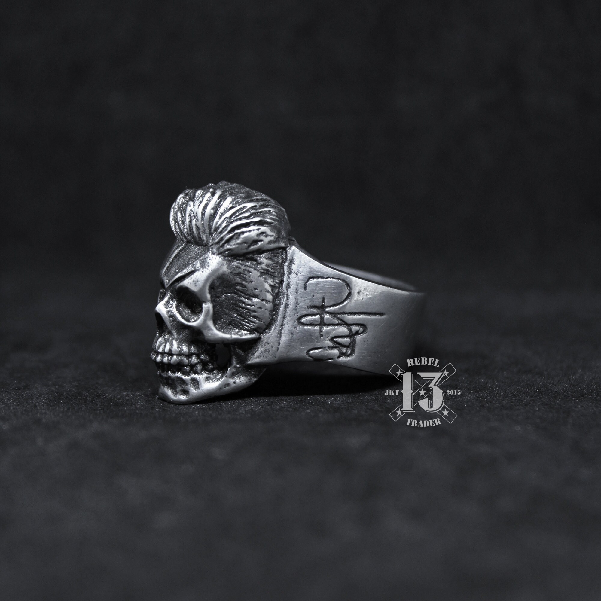 Hand Sculpted Small Rockstar Lightning Face Skull Ring : Oxidized Lead ...
