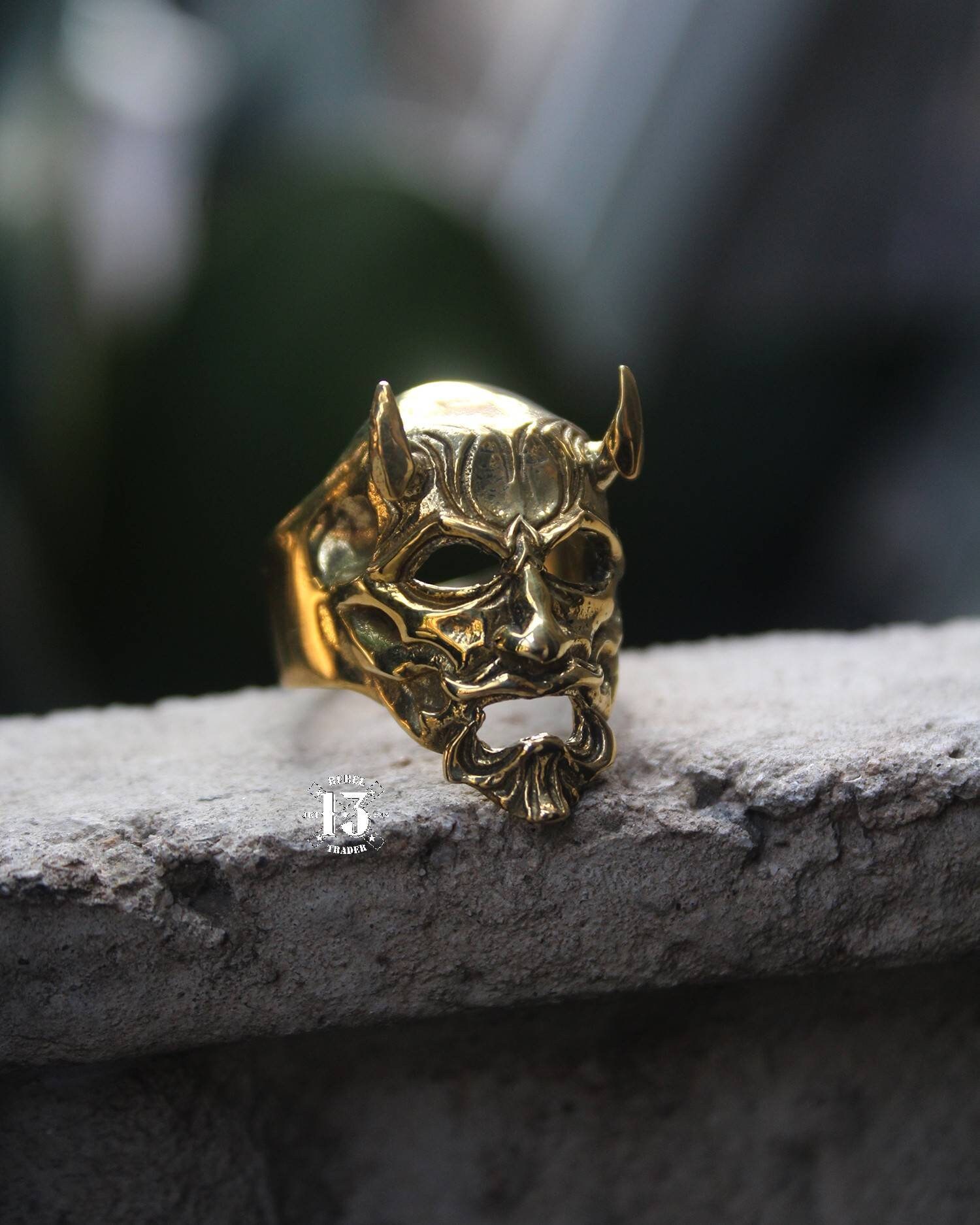DEMON ONI Ring yellow brass skull ring japanese ring samurai | Etsy