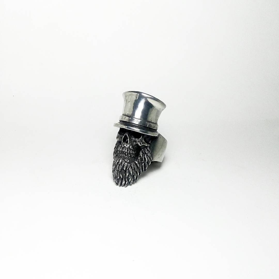 Hand Sculpted Bearded Mustache Big Hat Skull Ring : Oxidized Lead Free ...