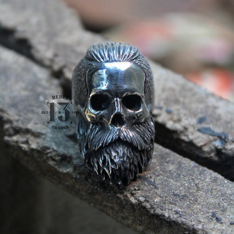 Hand Sculpted Slick Back Bearded Skull Ring : Oxidized Lead Free Pewter ...