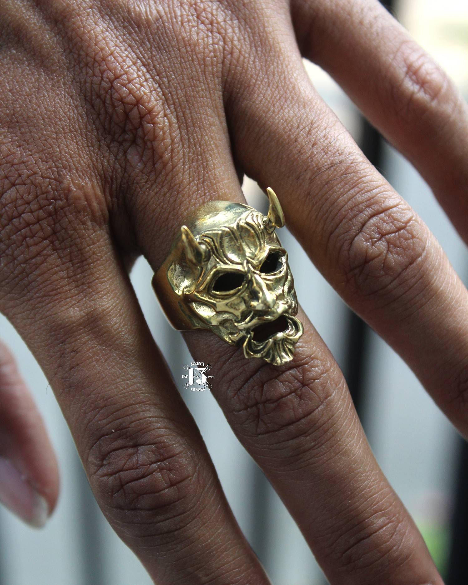 DEMON ONI Ring yellow brass skull ring japanese ring samurai | Etsy