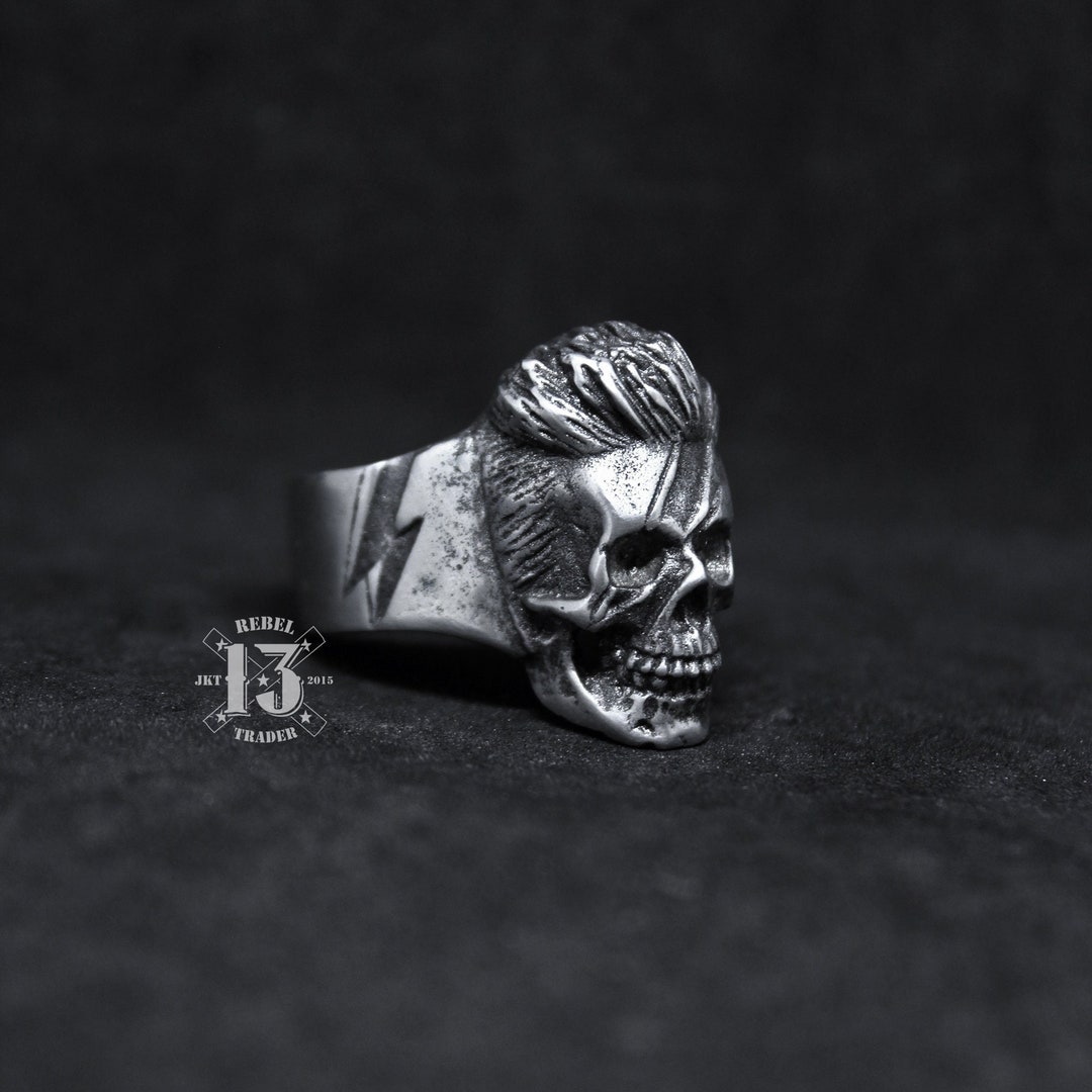 Hand Sculpted Small Rockstar Lightning Face Skull Ring : Oxidized Lead ...