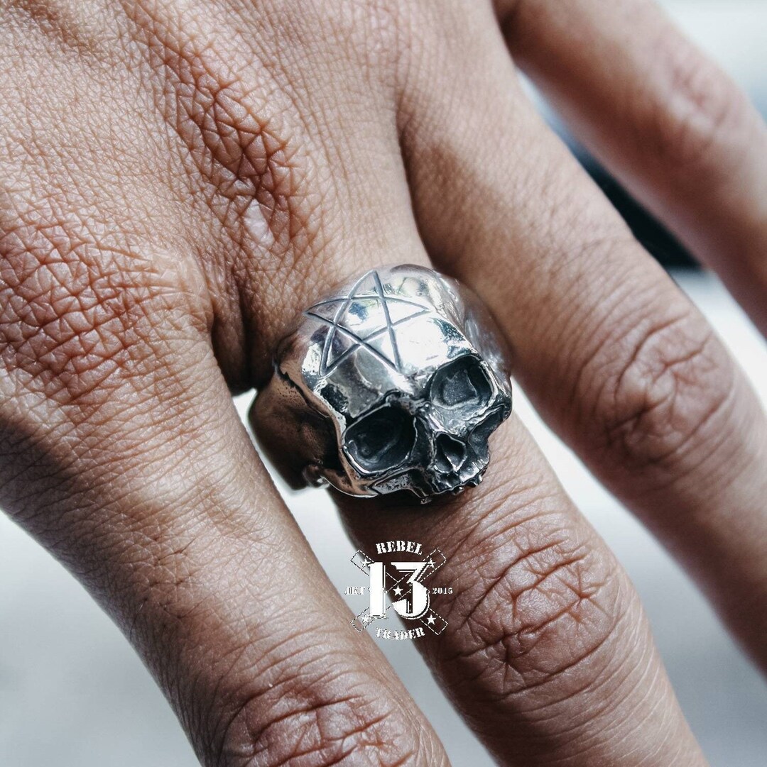 Pentagram Jawless Skull Ring, Satanic Jewelry, Satanism, Silver Skull ...