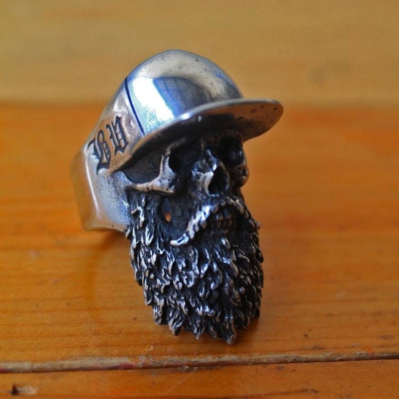 Hand Sculpted Bearded Hat Skull Ring : Oxidized Lead Free Pewter Beard ...