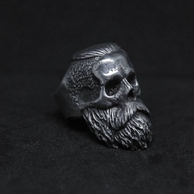 Hand Sculpted Slick Back Bearded Skull Ring : Oxidized Lead Free Pewter ...