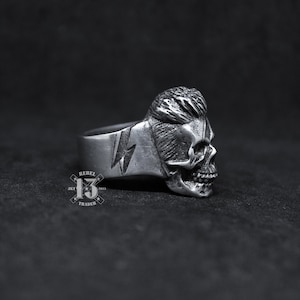 Hand Sculpted Small Rockstar Lightning Face Skull Ring : Oxidized Lead ...