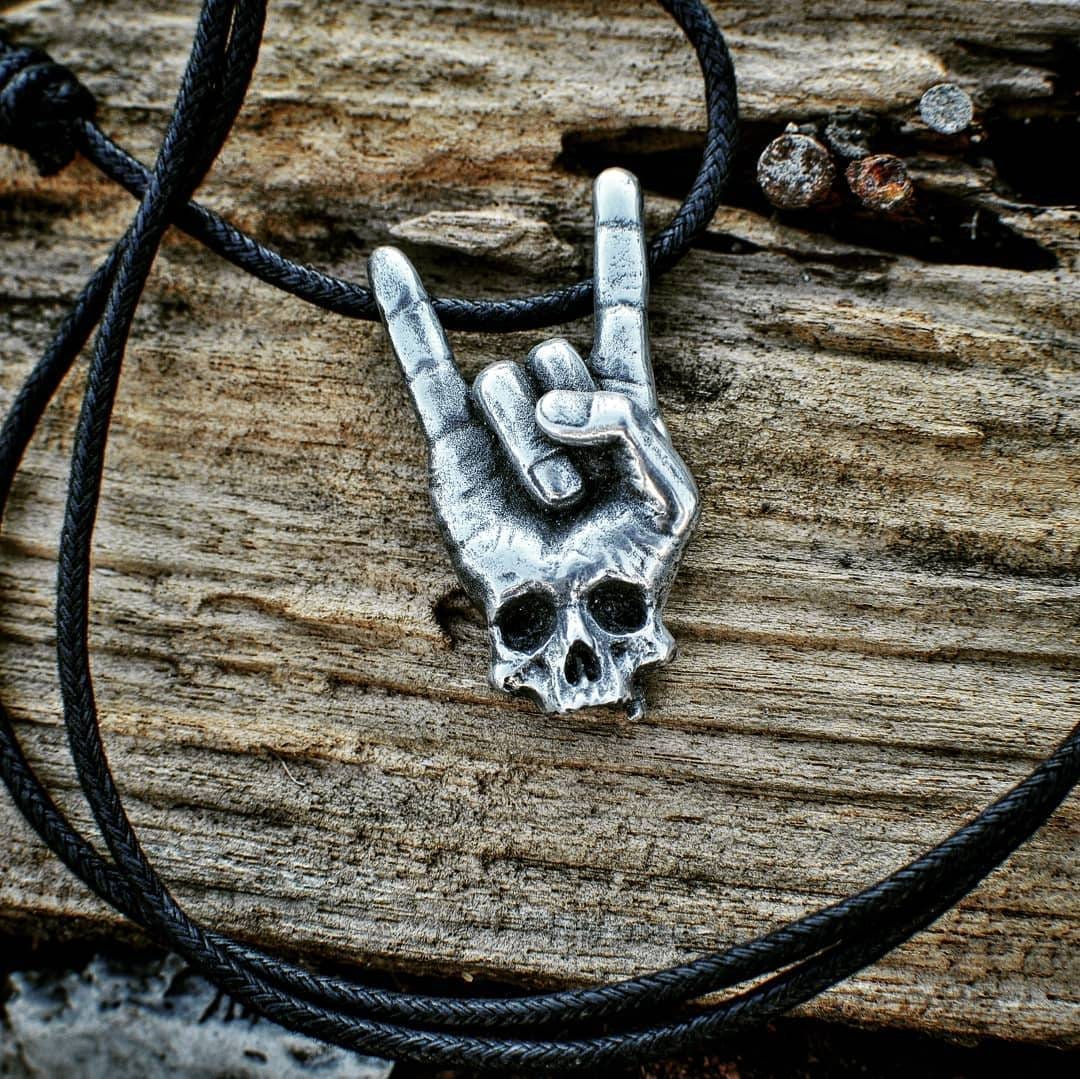 ROCKIN' HEAD PENDANT Rock Hand Skull Necklace Metal | Etsy