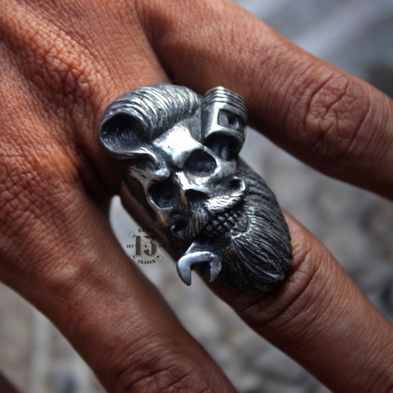 Hand Sculpted Bearded Biker Skull Pewter Ring : Oxidized Lead Free ...