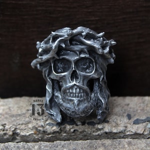 Hand Sculpted Jesus Pewter Skull Ring : Oxidized Lead Free Pewter Ring ...