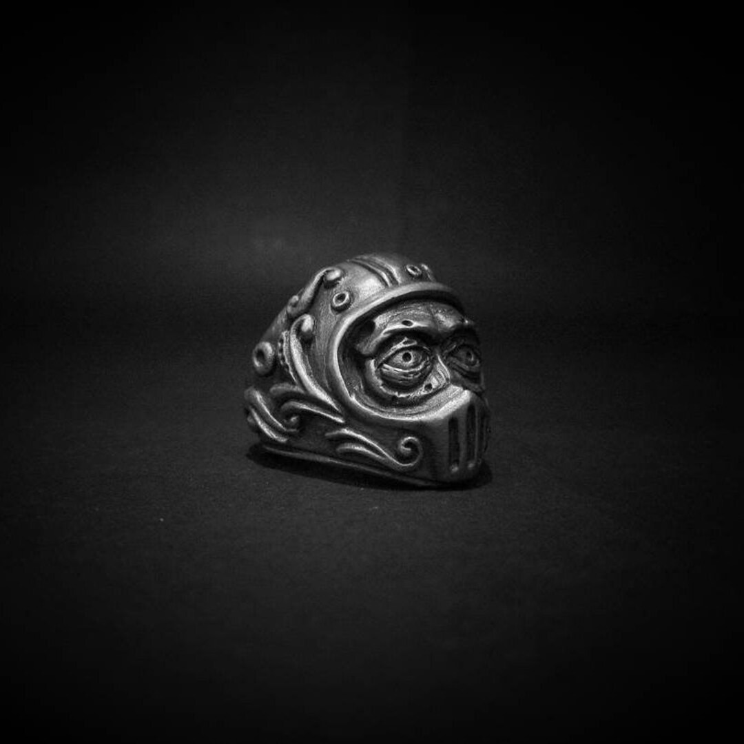 Hand Sculpted Cafe Racer Motorcycle Helmet Ring : Oxidized Pewter ...