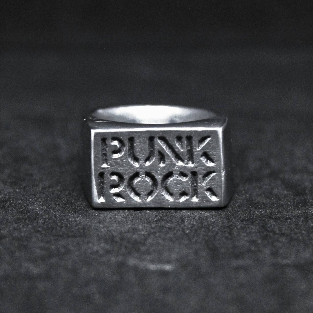 PUNK ROCK Signet Ring, Pewter Ring, Biker Ring, Quotes Ring, Customize ...