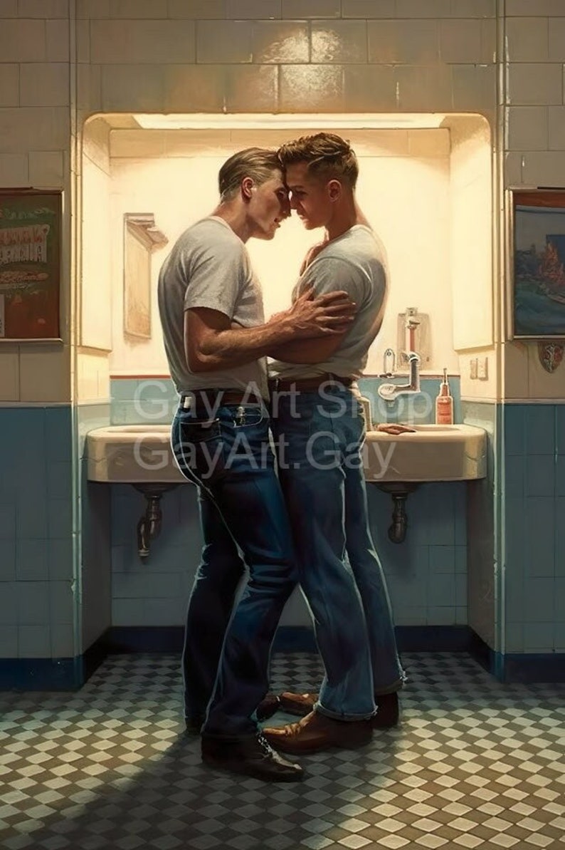 1950s Restroom Cruising Series -- Retro Vintage Gay Artworks Oil Painting Style Reproductions on ...