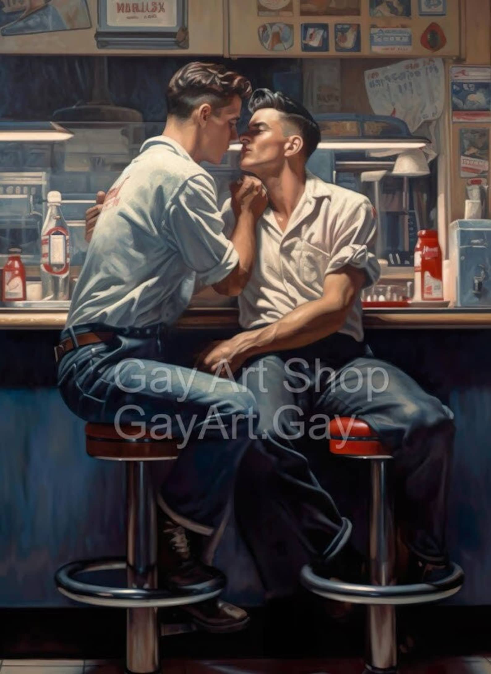 1950s Hot Cafe Couple -- Gay Art Print Vintage Oil Painting Style Reproductions on Canvas (READY ...