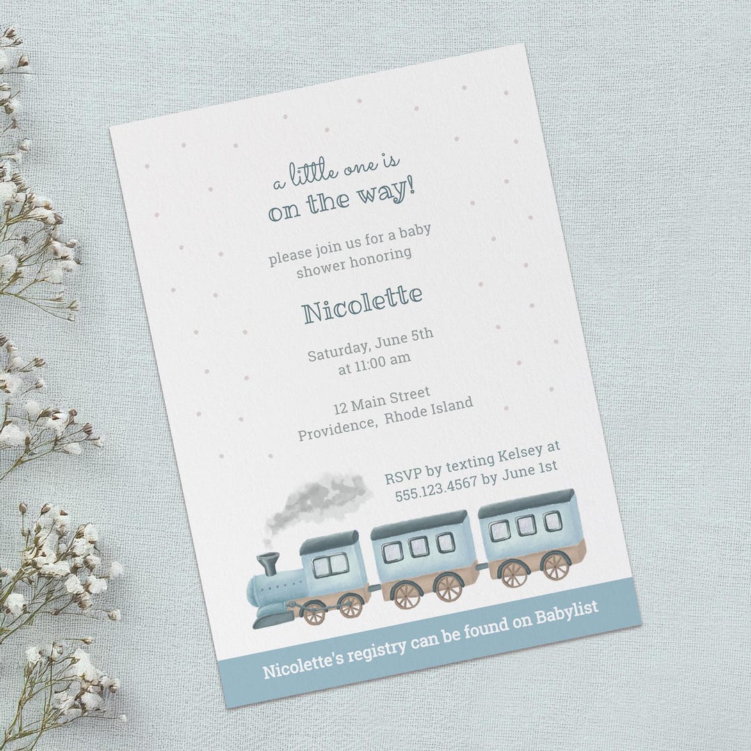 Blue Train Baby Shower Invitation: Hand-drawn Template (digital ...