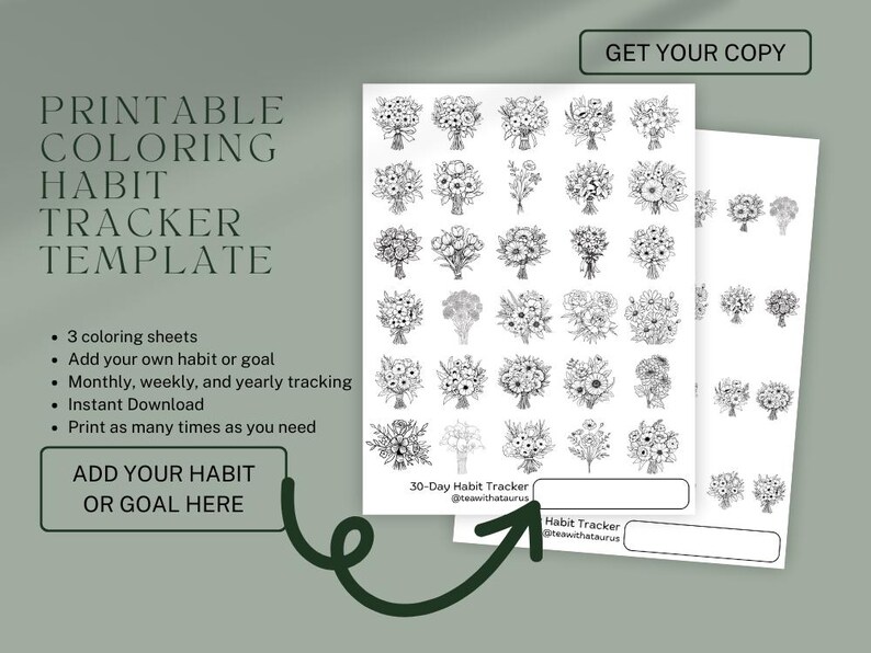 Floral Habit Tracker Printable Coloring Sheets - Set of 3 (weekly ...