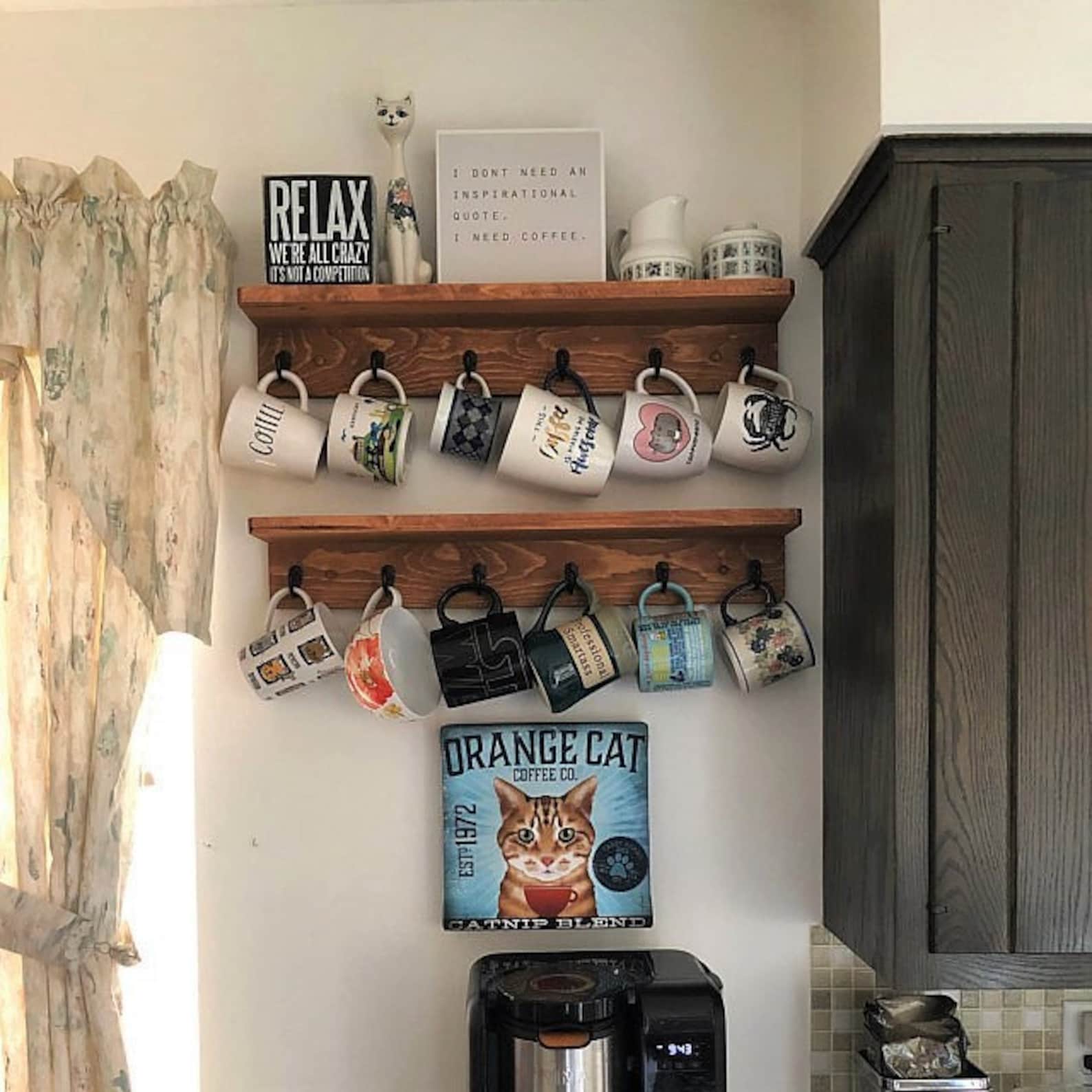 6 Cup Mug Rack With Shelf, Mug Rack Wall Mounted, Coffee Bar Decor ...