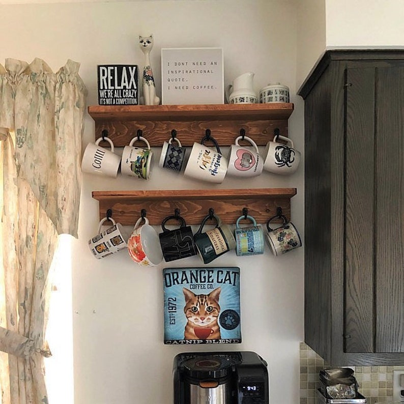 6 Cup Mug Rack With Shelf Mug Rack Wall Mounted Coffee Bar - Etsy