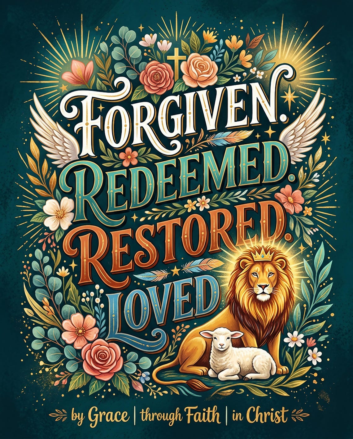Christian Lion Lamb Scripture Art Print, Forgiven Redeemed Restored ...