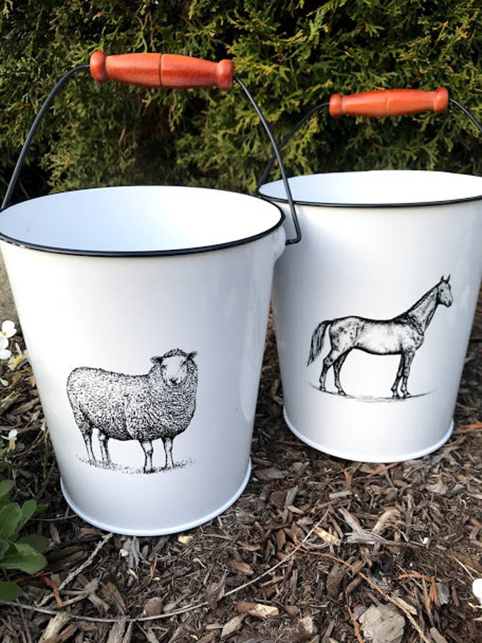 Farm Animal PLANTER Enamel Pail Sheep Horse Chicken Pig Cow - Etsy