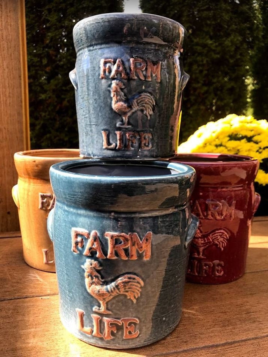 Ceramic Farm Life Jar Crock Planter - Rooster Chicken MEDIUM Rustic ...