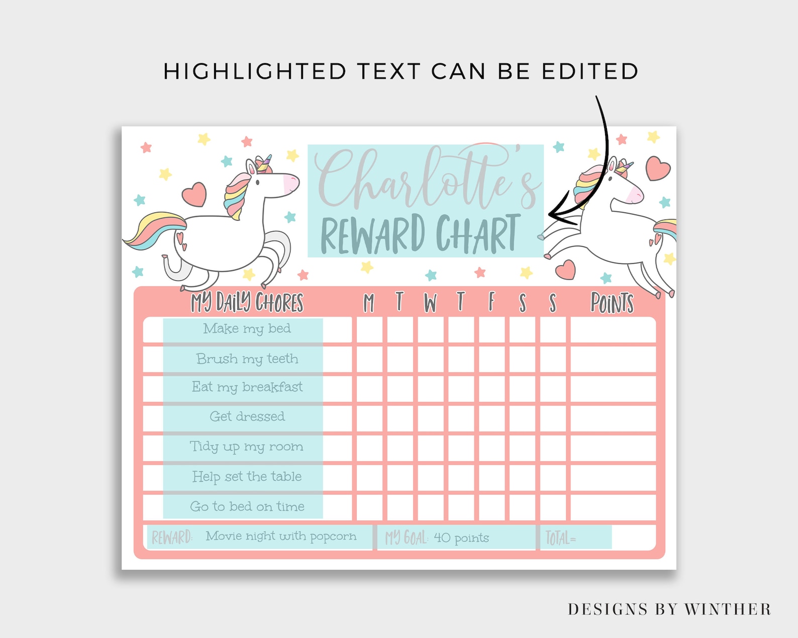 Editable Unicorn Reward Chart Printable Chore Chart - Etsy