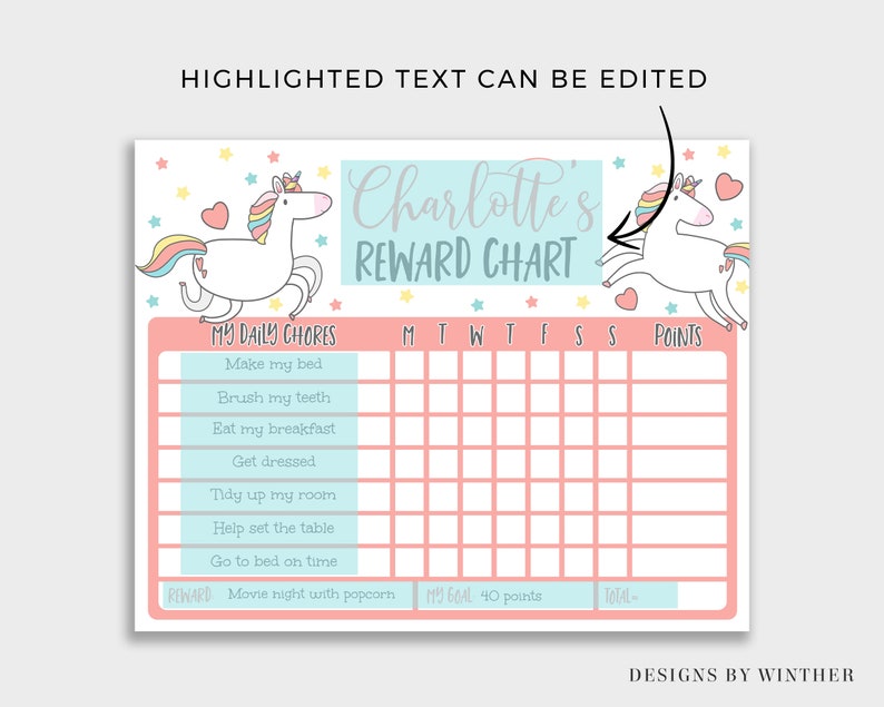 Editable Unicorn Reward Chart, Printable Chore Chart, Customizable ...