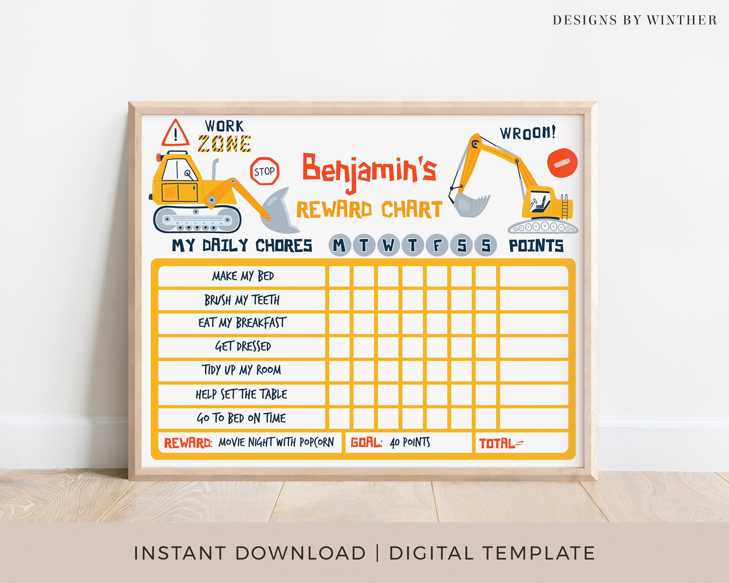 Editable Construction Reward Chart, Printable Chore Chart, Customizable ...