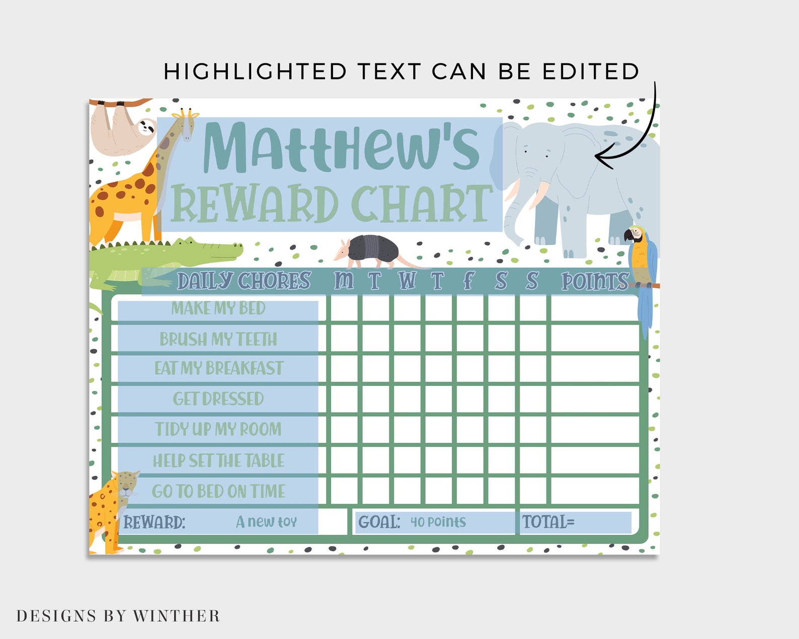 Editable Safari Animals Reward Chart, Printable Chore Chart ...