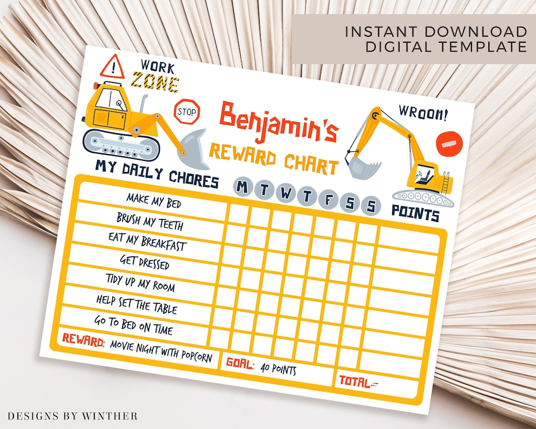 Editable Construction Reward Chart, Printable Chore Chart, Customizable ...