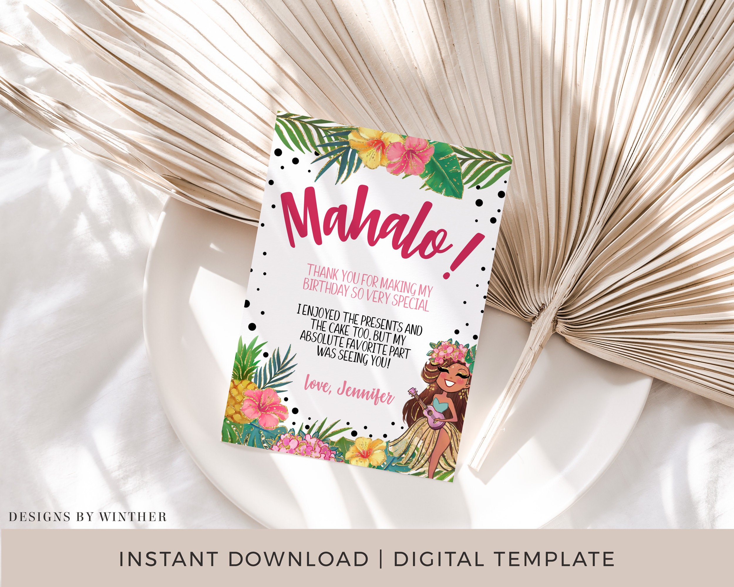 Hawaiian Luau Birthday Thank You Card, Tropical Birthday, Editable ...