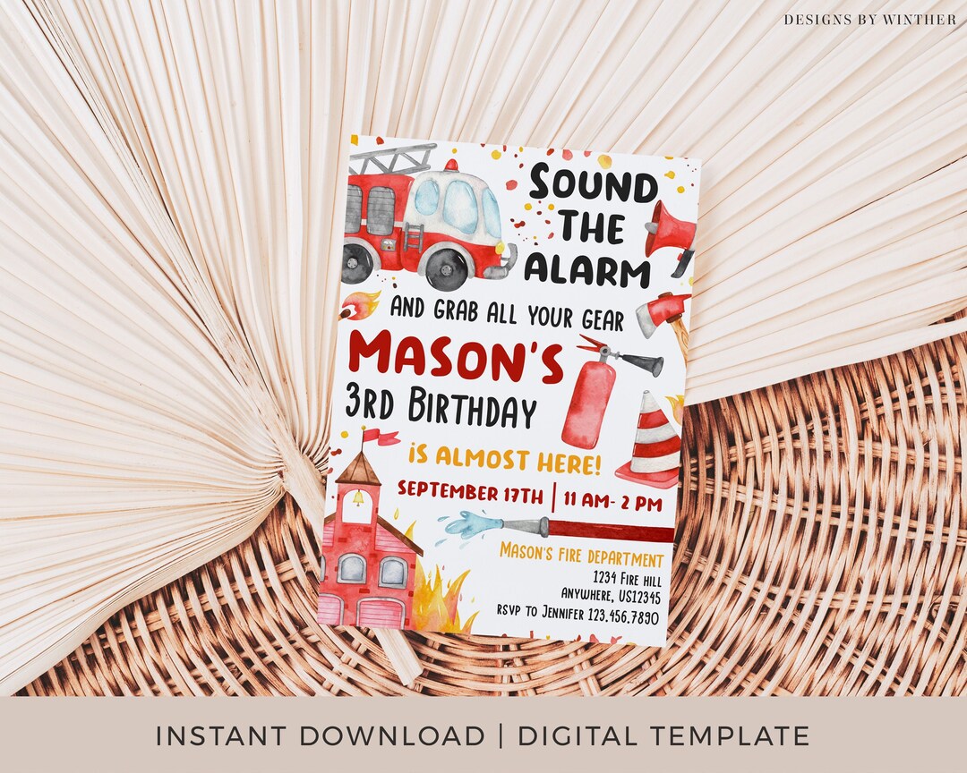 Fire Truck Birthday Invitation, Fire Department Party Invite, Editable ...