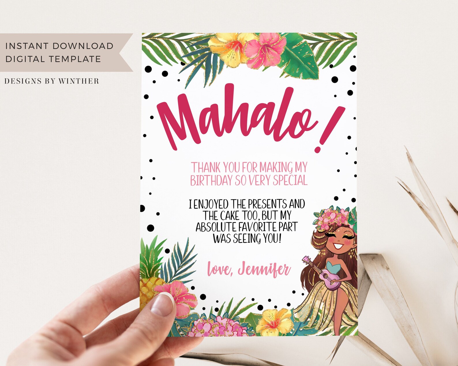 Hawaiian Luau Birthday Thank You Card, Tropical Birthday, Editable ...