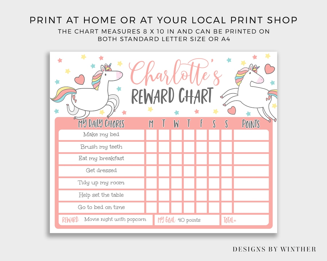 Editable Unicorn Reward Chart, Printable Chore Chart, Customizable ...