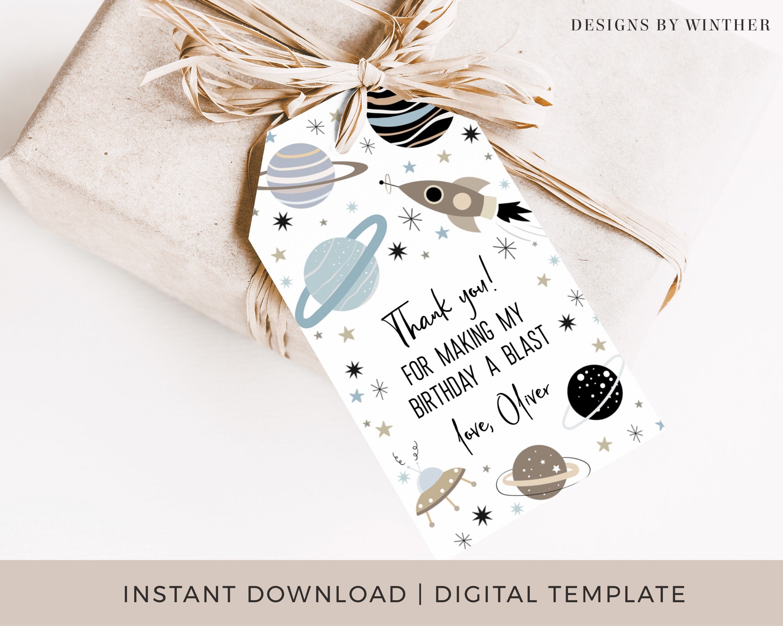 Editable Outer Space Favor Tags, Space Birthday Gift Tags, Thank You ...