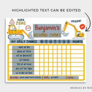 Editable Construction Reward Chart, Printable Chore Chart, Customizable ...